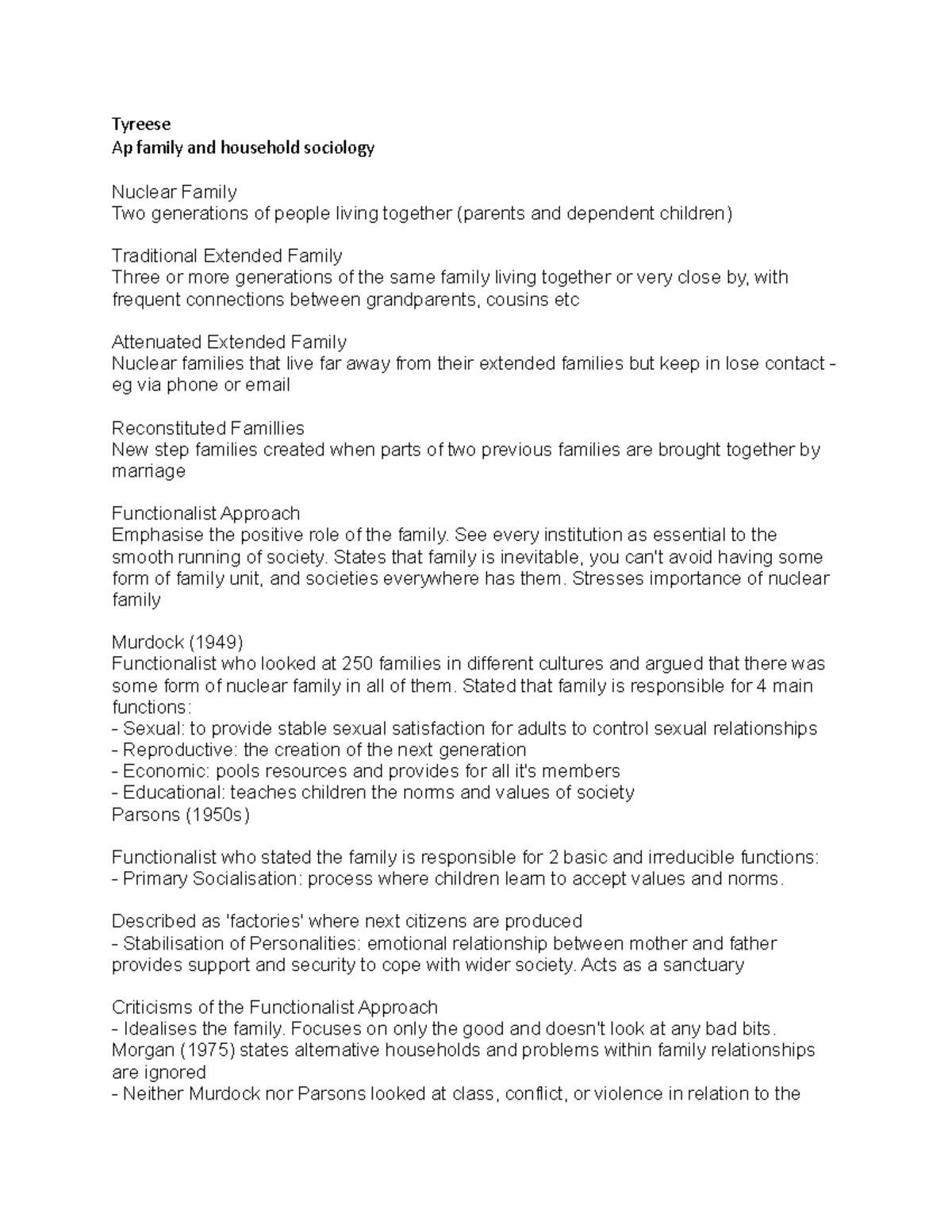 22 ap sociology - good notes - Tyreese Ap family and household ...