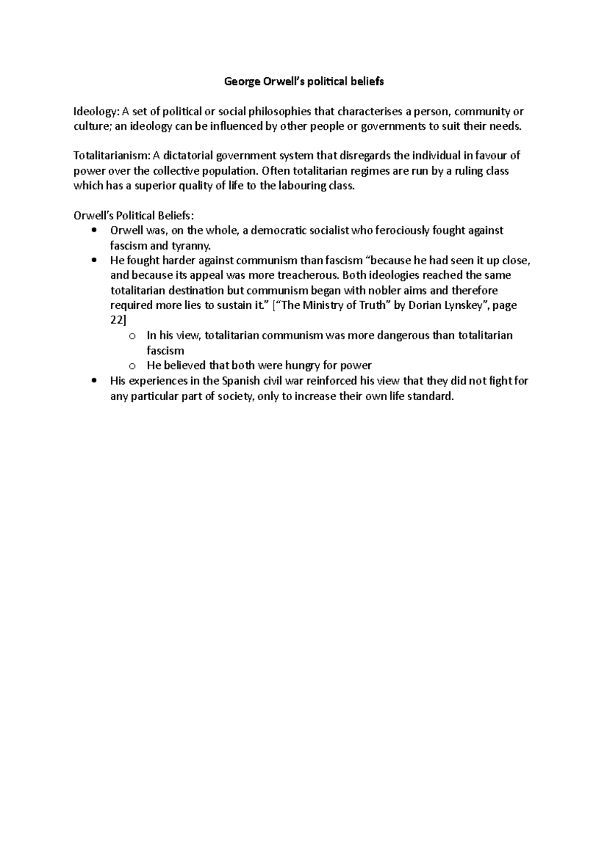 George Orwell's Beliefs Summary - George Orwell’s political beliefs ...