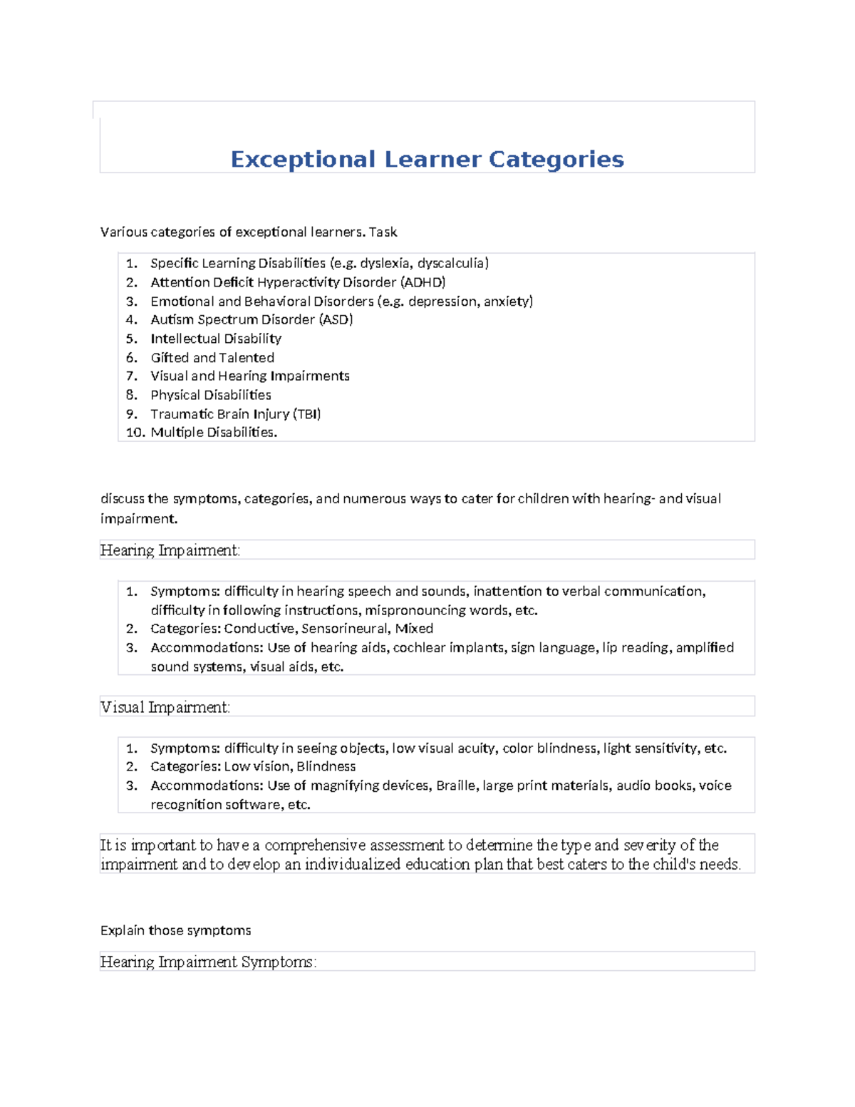 Eps project assignment - Exceptional Learner Categories Various ...