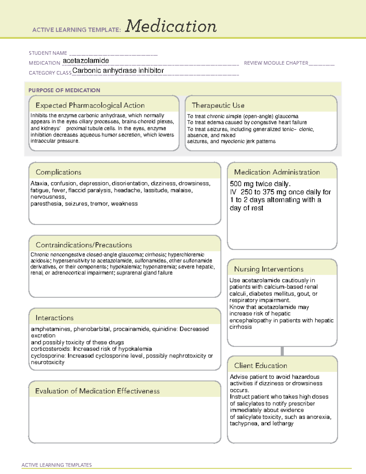 Acetazolamide - Med card - ACTIVE LEARNING TEMPLATES Medication STUDENT ...