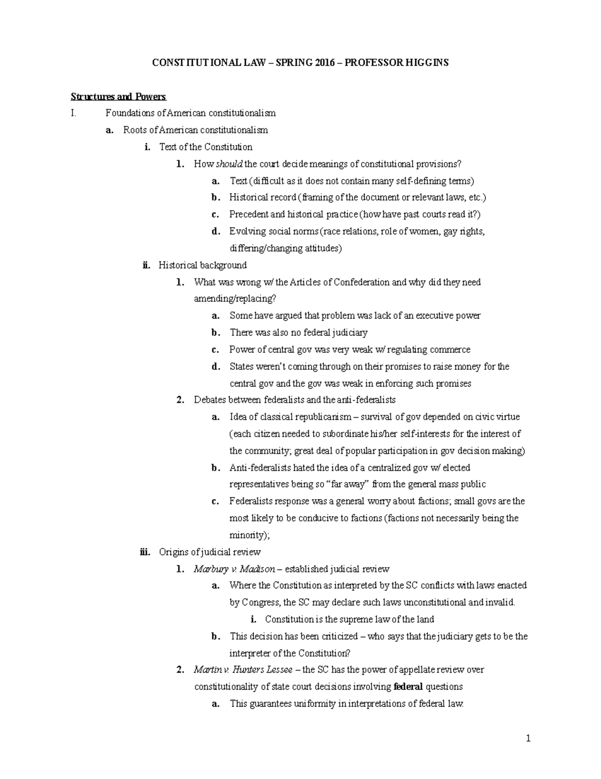 CON LAW Outline Higgins 2016 - CONSTITUTIONAL LAW – SPRING 2016 ...