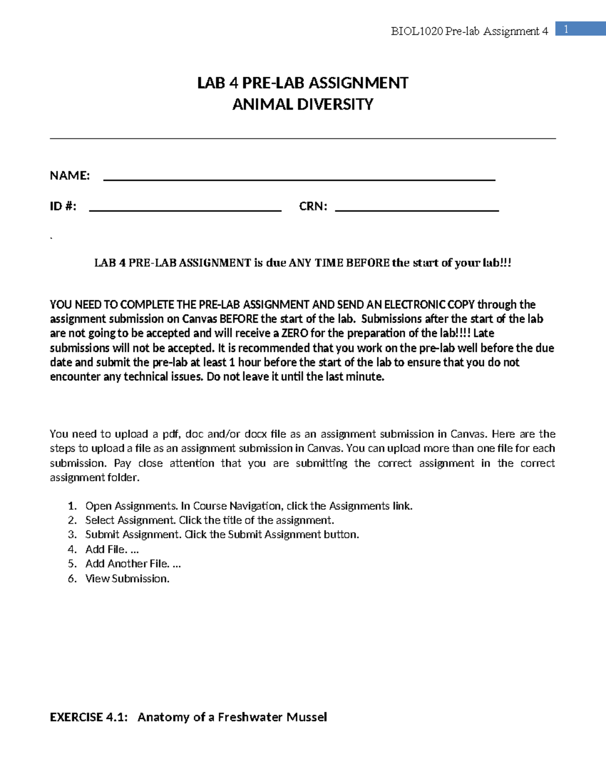 Lab 4 Pre-lab assignment W2024-3 - LAB 4 PRE-LAB ASSIGNMENT ANIMAL DIVERSITY NAME: ID #: CRN ...