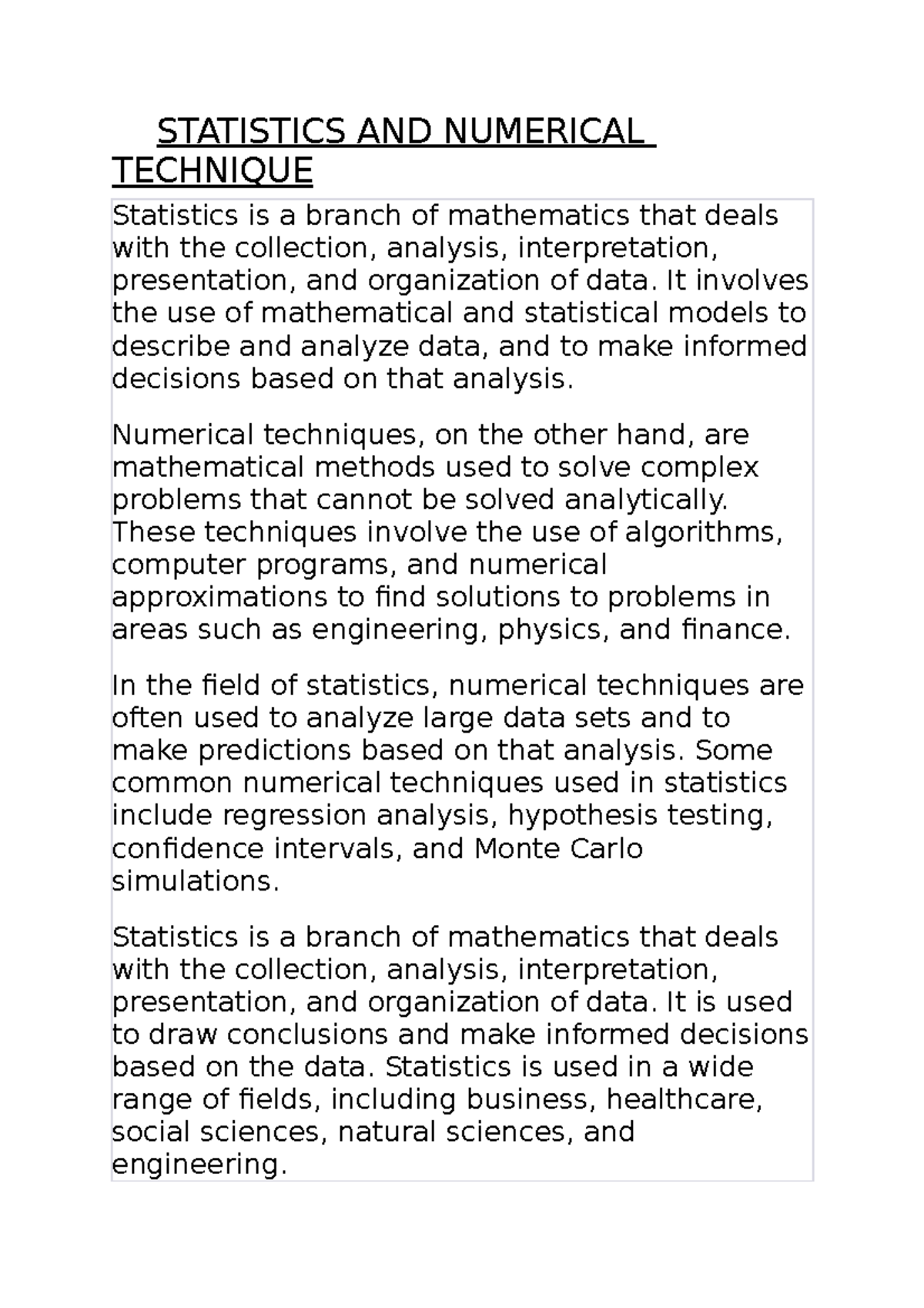 Statistics And Numerical Technique Statistics And Numerical Technique