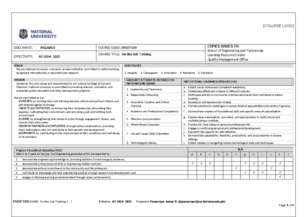 Cp E Syllabus OJT1 2024 - ON THE JOB TRAINING 1 - [COLLEGE LOGO ...