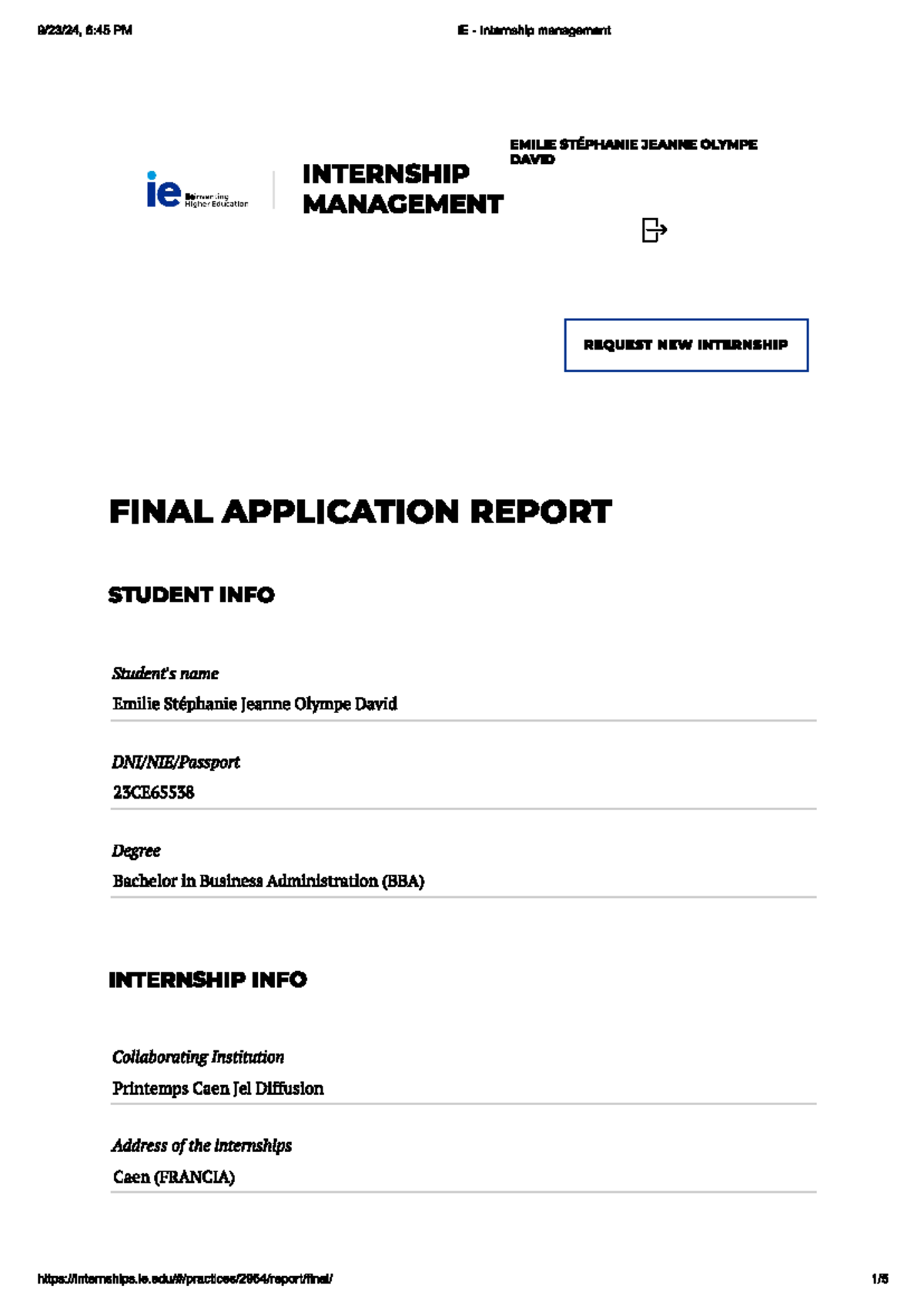 Reflection of . - 6:45 PM IE Internship management EMILIE STÉPHANIE ...