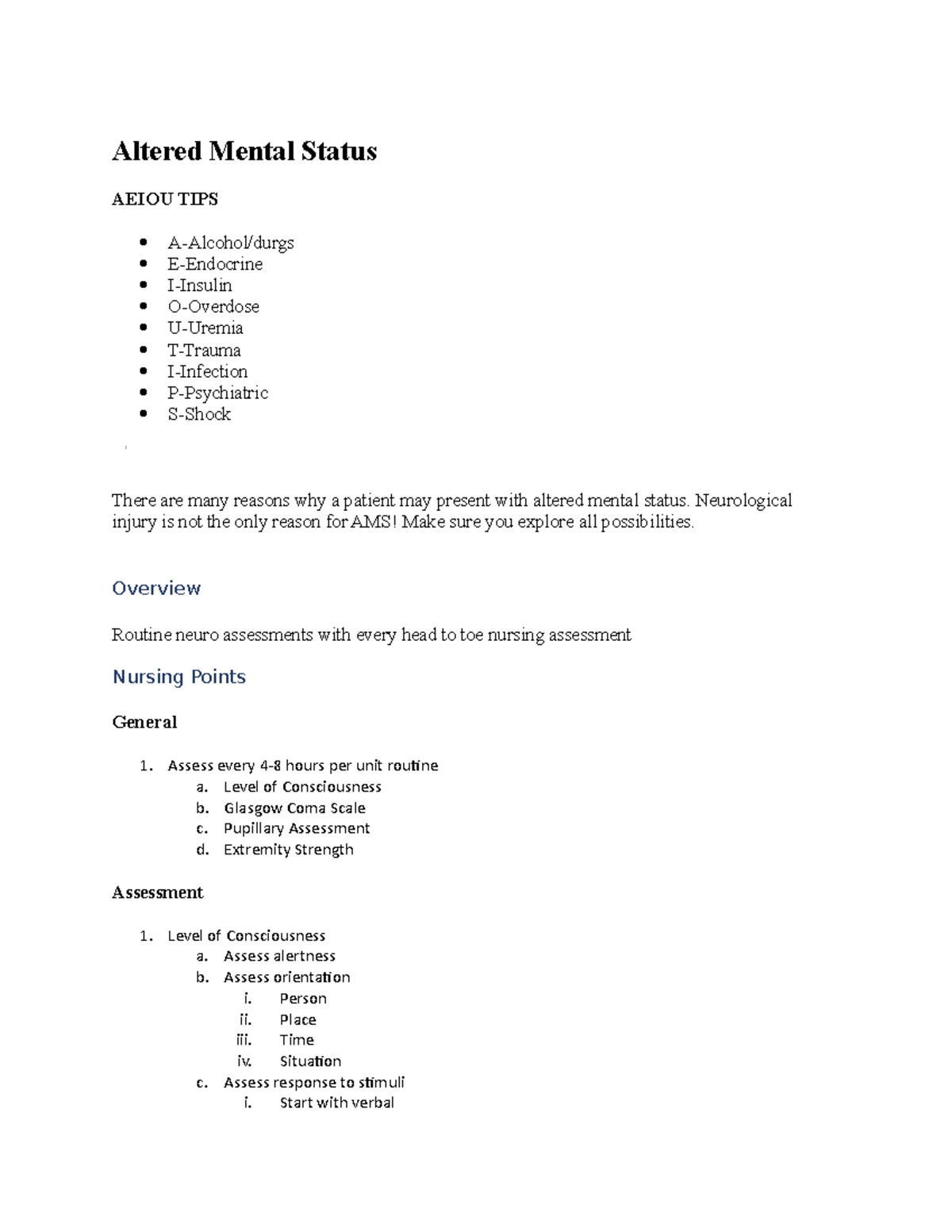 Routine Neuro Assessments - Altered Mental Status AEIOU TIPS A-Alcohol ...