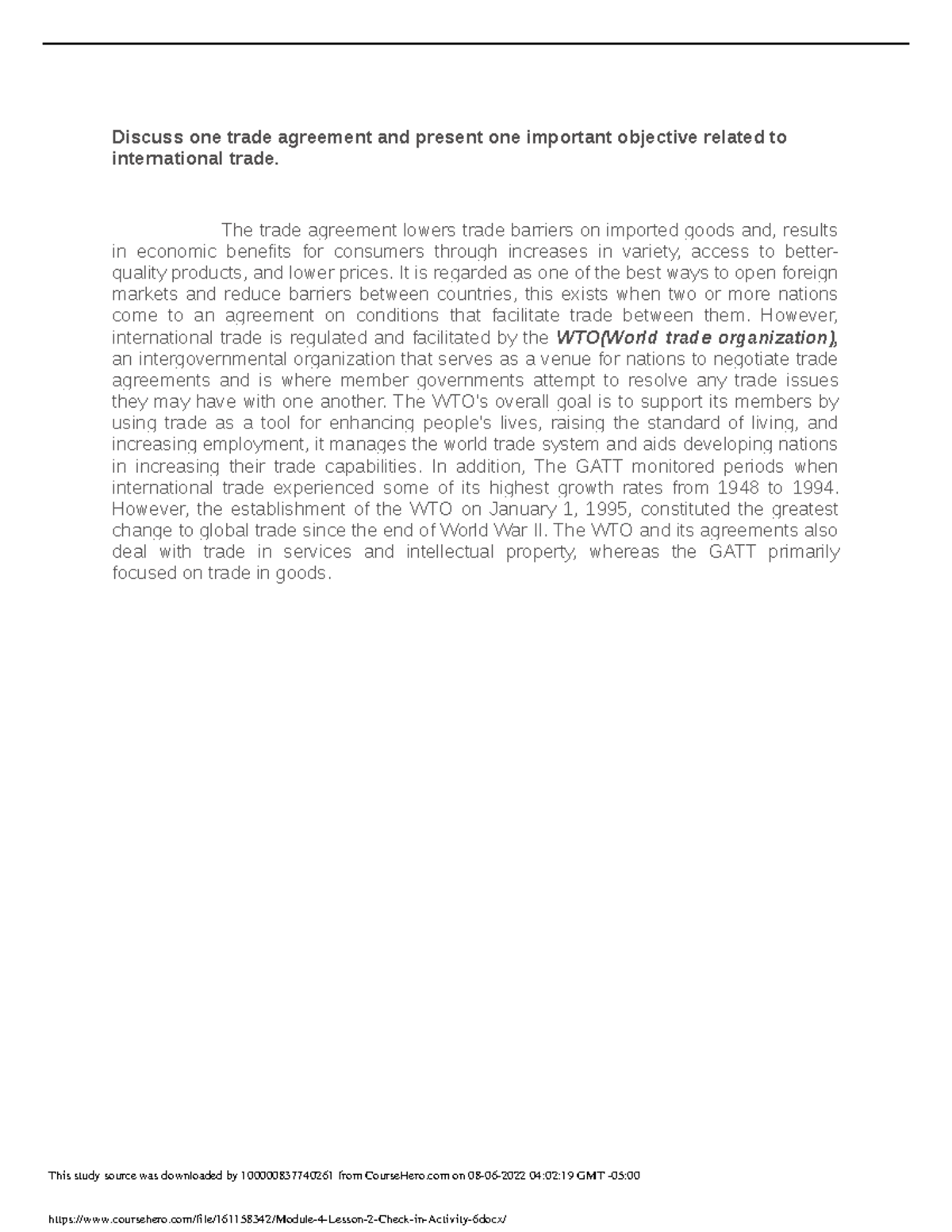 Module 4 Lesson 2 Check in Activity 6 - Discuss one trade agreement and ...