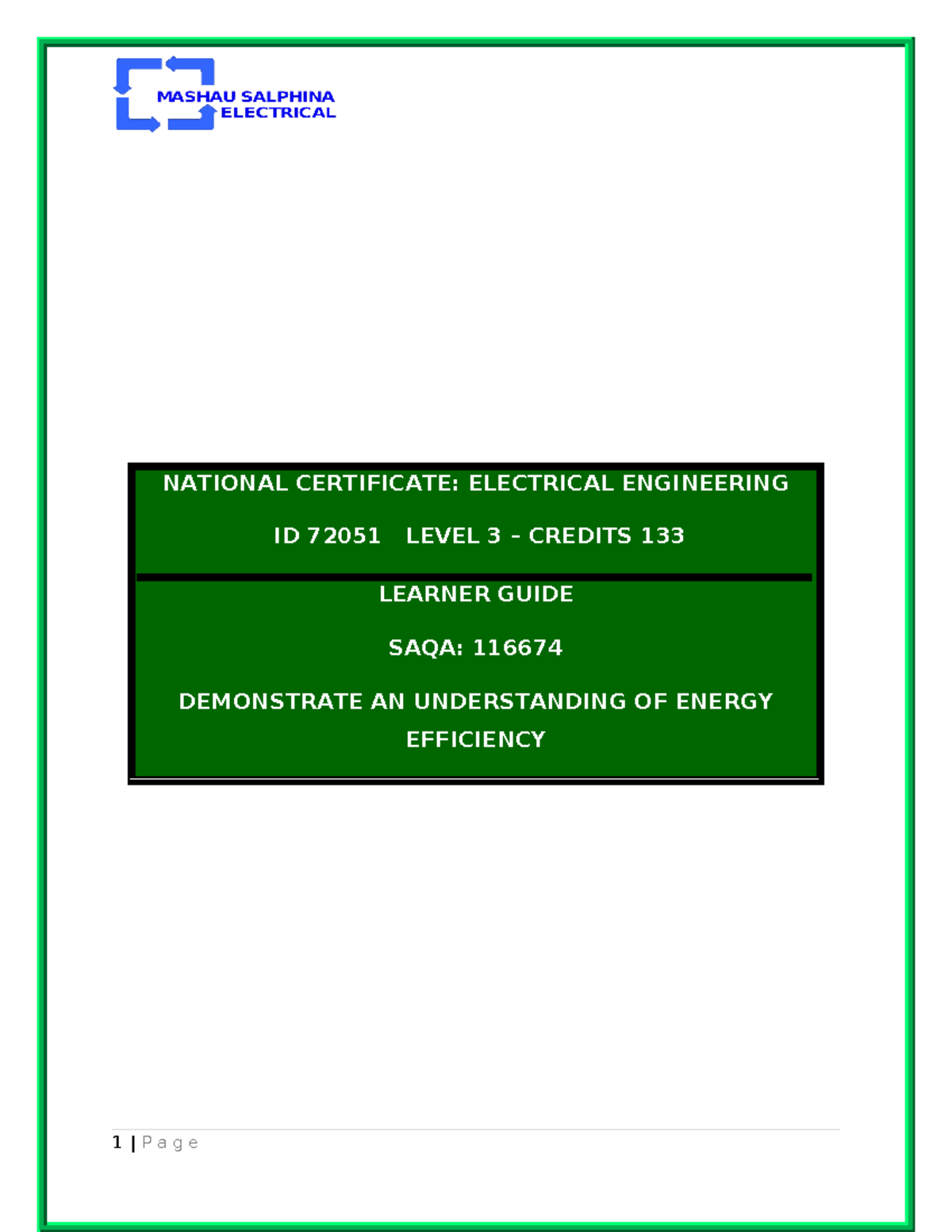 SAQA 116674- Learner Guide - NATIONAL CERTIFICATE: ELECTRICAL ...