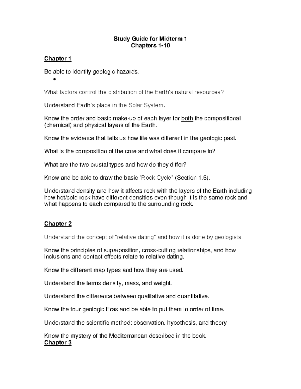 GLY 1010 Study Guide 1 - Study Guide for Midterm 1 Chapters 1- 10 ...