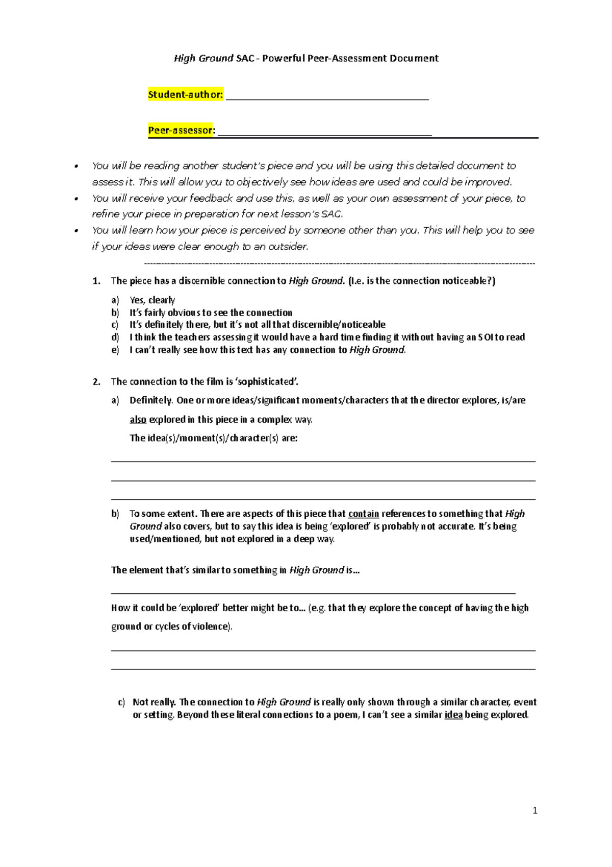 Unit 3 Creative Response SAC 2022 - Powerful Peer and Self Assessment ...