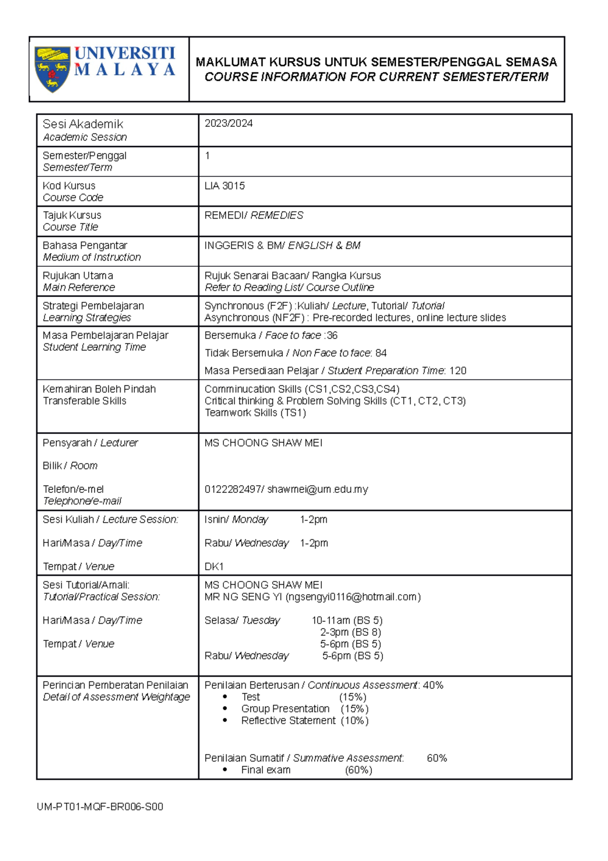 Course Information FOR Current Semester - COURSE INFORMATION FOR ...