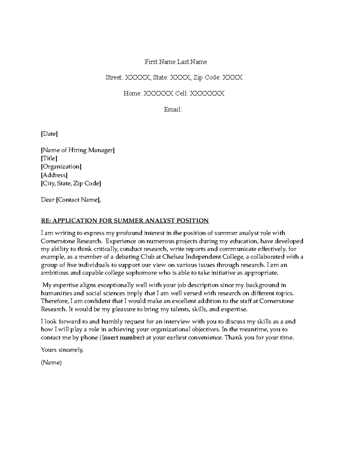 Cover letter, Cover letter - First Name Last Name Street: XXXXX, State ...