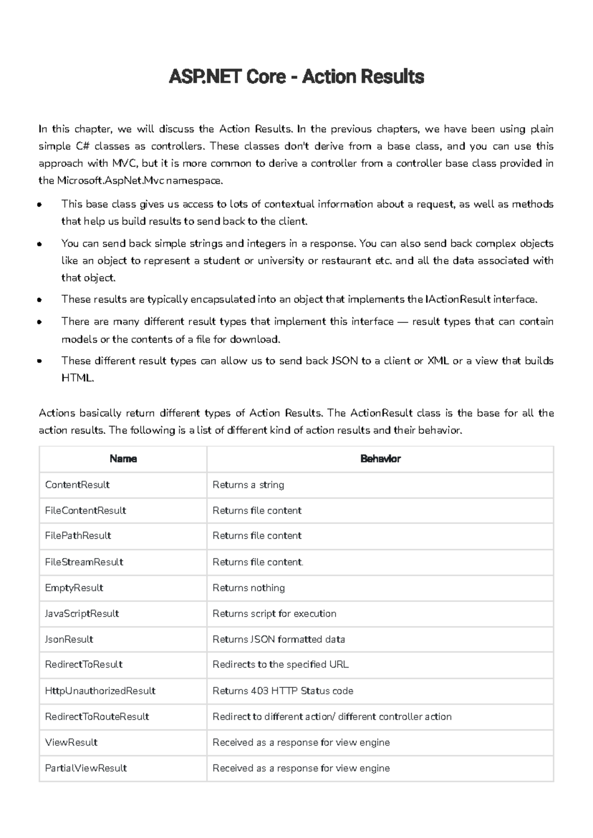 Aspnet Core Chapter 5 Asp Core Action Results In This Chapter We Will Discuss The Action