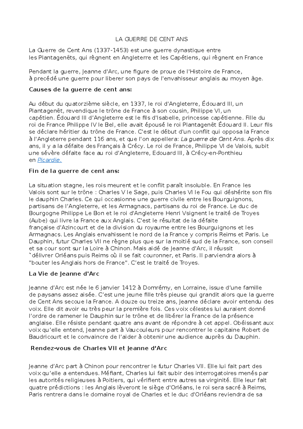 guerre de cent ans - LA GUERRE DE CENT ANS La Guerre de Cent Ans (1337 ...