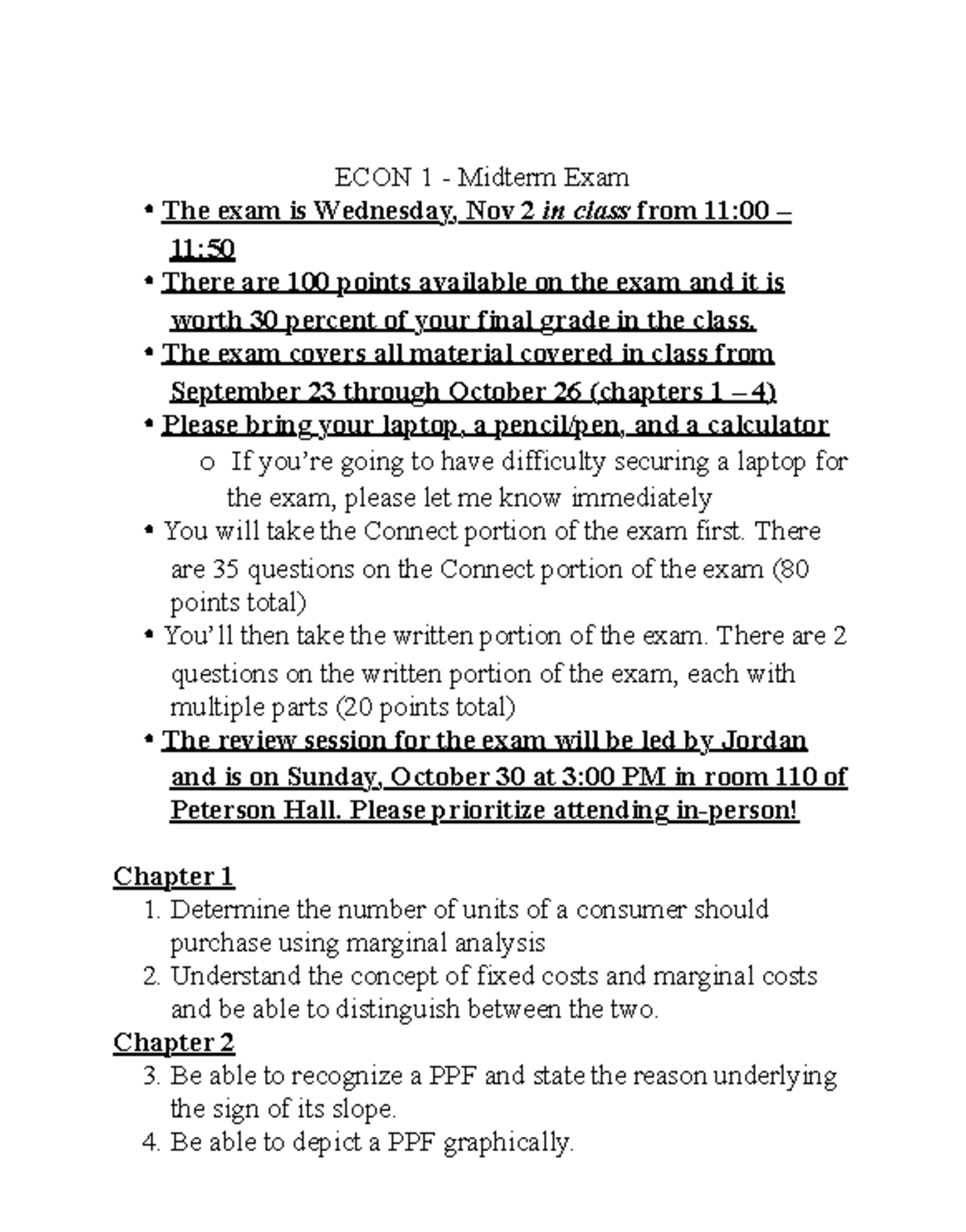 Econ 1 chapter 1 midterm 1 notes - ECON 1 - Midterm Exam The exam is ...