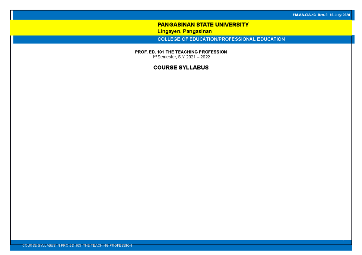 Updated Syllabus Prof. Educ. 101 The Teaching Profession 2021-2022 ...