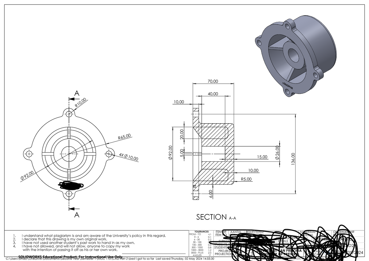Cad pt2 - Cad assignment - 92, R10, 4X 10, R65, A A 136, 40, 20, 10, 70 ...