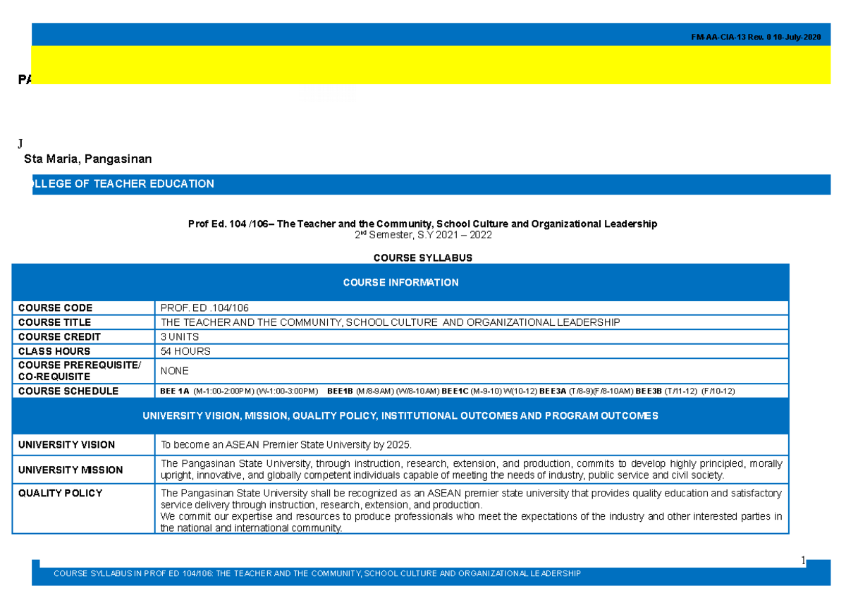 PROF ED 104 Syllabus 1 - Gshsish eve egshejebev jjsbs toward a common ...