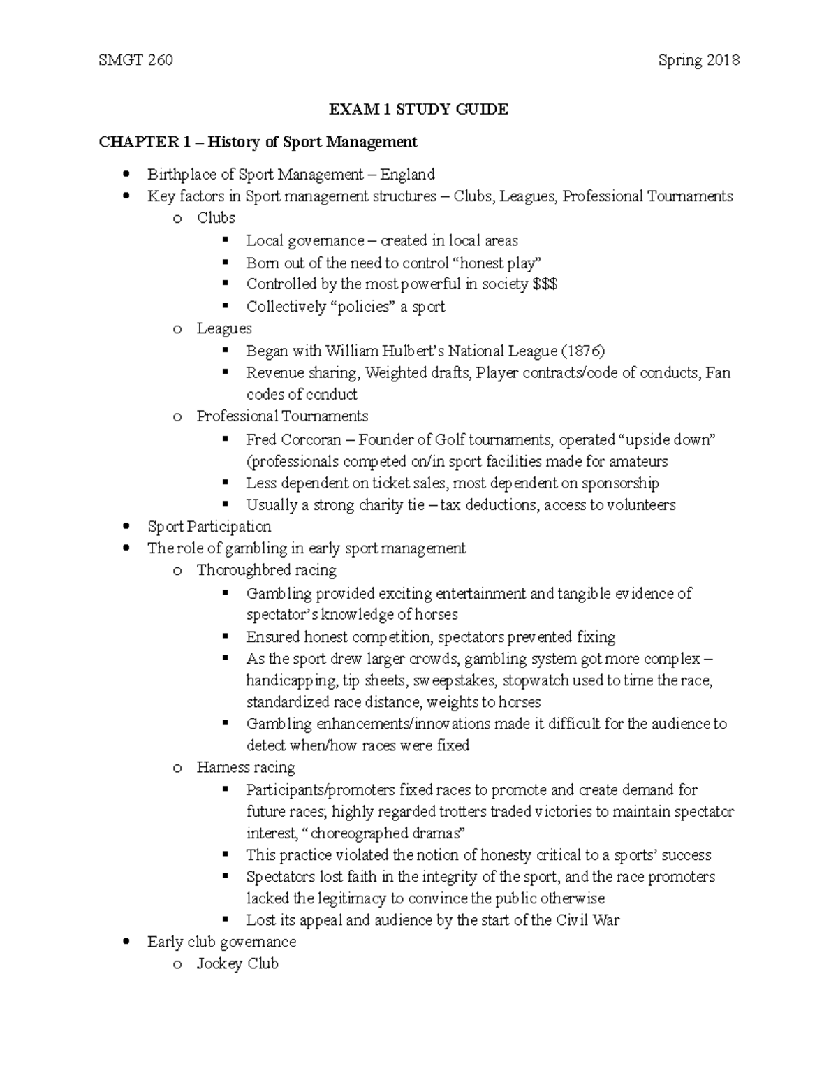 Sport Management Notes - Exam 1 - EXAM 1 STUDY GUIDE CHAPTER 1 ...