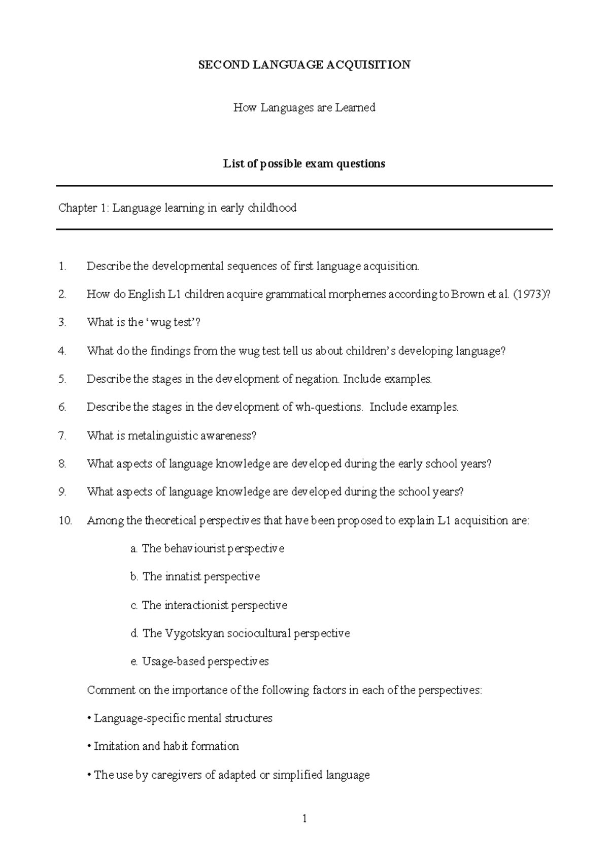 SLA Exam questions chapter 1 - 1 SECOND LANGUAGE ACQUISITION How ...
