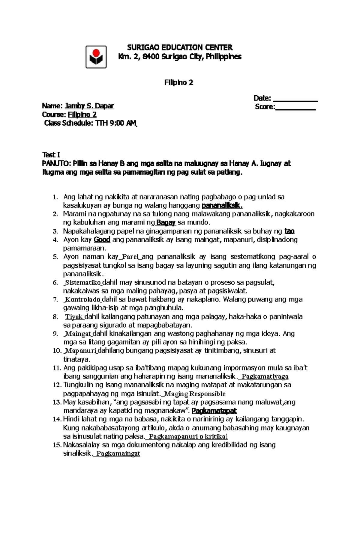 Dapar - Final EXAM Filipino - SURIGAO EDUCATION CENTER Km. 2, 8400 ...