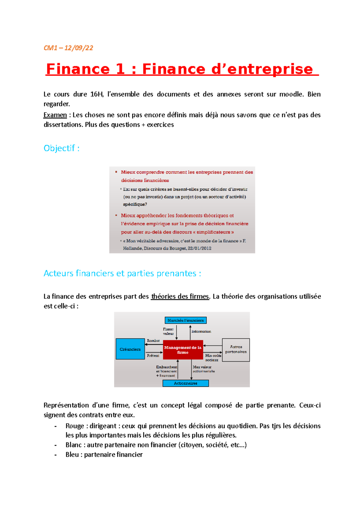 Finance 1 CM1 12 09 22 - CM1 – 12/09/ Finance 1 : Finance d’entreprise ...