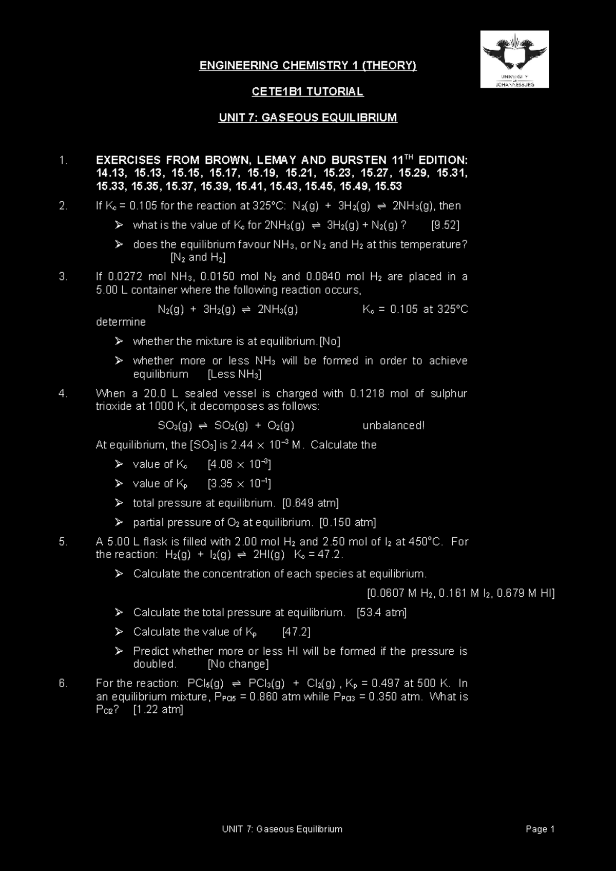 Tutorial (1-2024) - Gaseous Equilibrium - ENGINEERING CHEMISTRY 1 ...