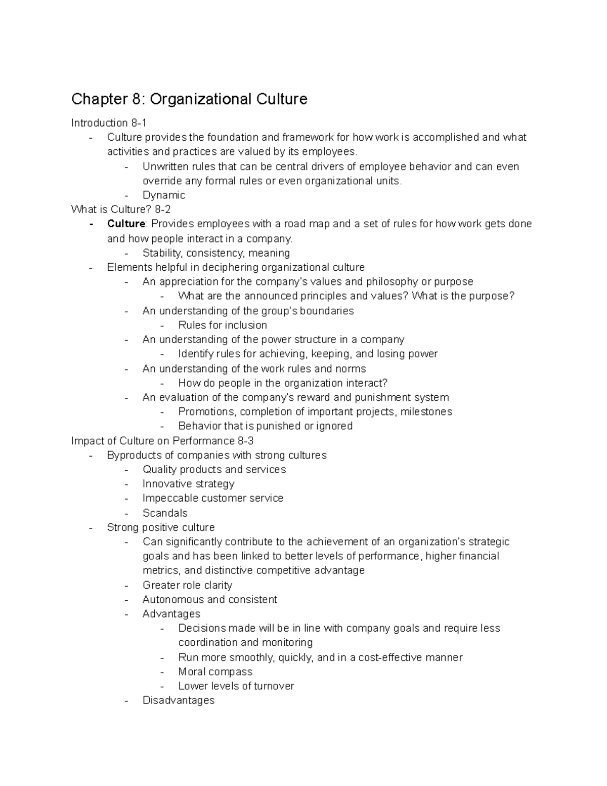 MGMT 310 Chapter 8 - Chapter 8: Organizational Culture Introduction 8- Culture provides the ...