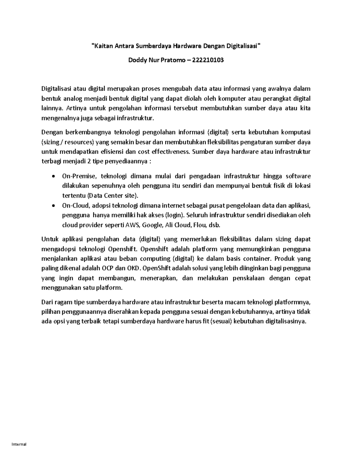 infrastructure introduction - Internal "Kaitan Antara Sumberdaya Hardware Dengan - Studocu