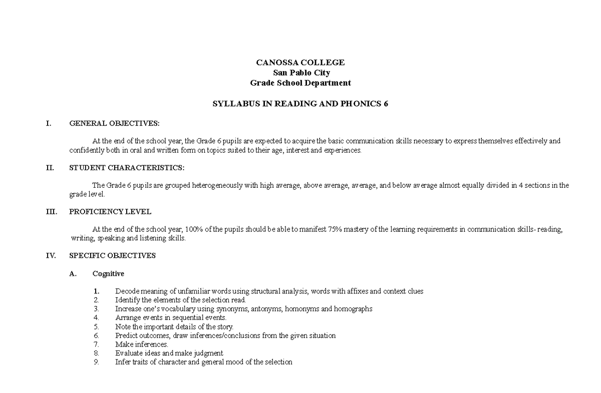 Syllabus Reading 6 2013-2014 - CANOSSA COLLEGE San Pablo City Grade ...