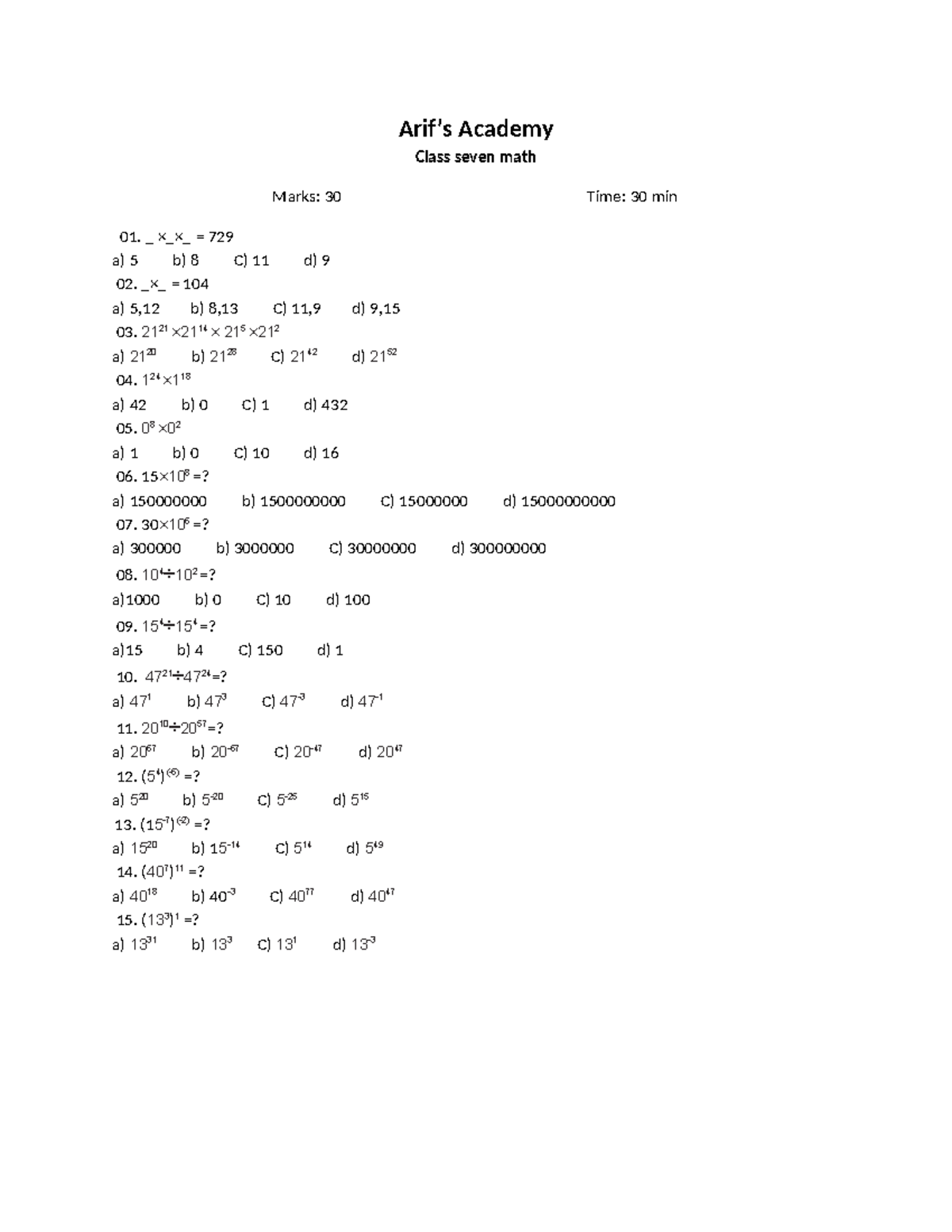 Class seven math chapter 1 - Arif’s Academy Class seven math Marks: 30 ...