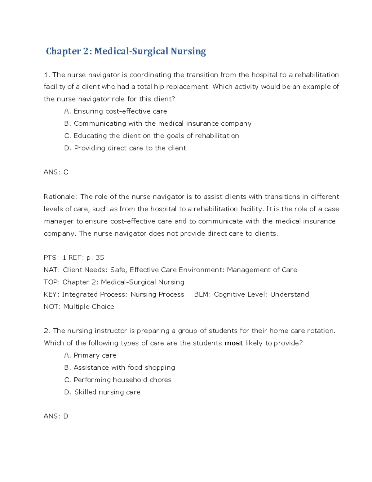 TG Chapter 02 - Concepts in Medical Surgical - NURS 1341 - HCC - Studocu