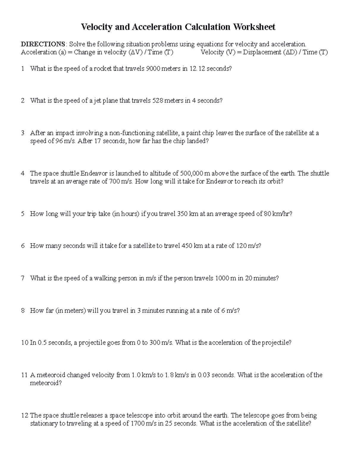 Velocity calculation ws - Velocity and Acceleration Calculation ...