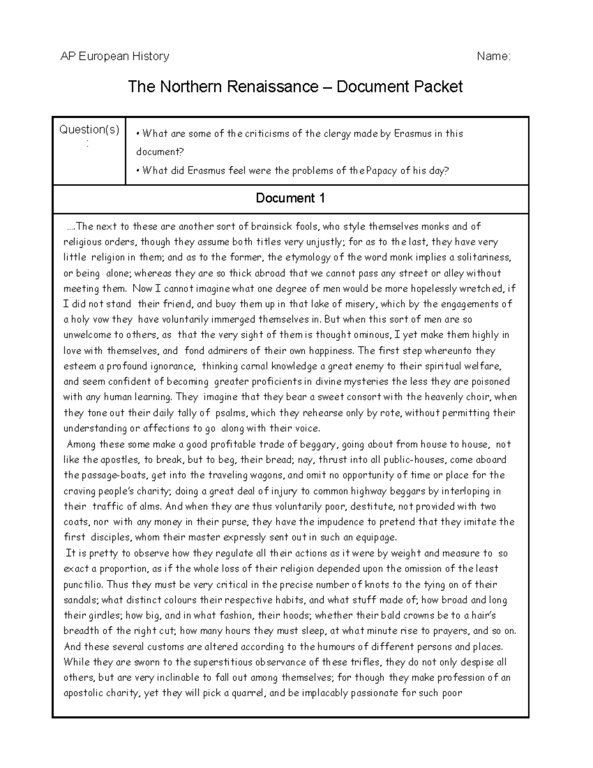 Doc Pkt-Northern Renaissance - AP European History Name: The Northern ...