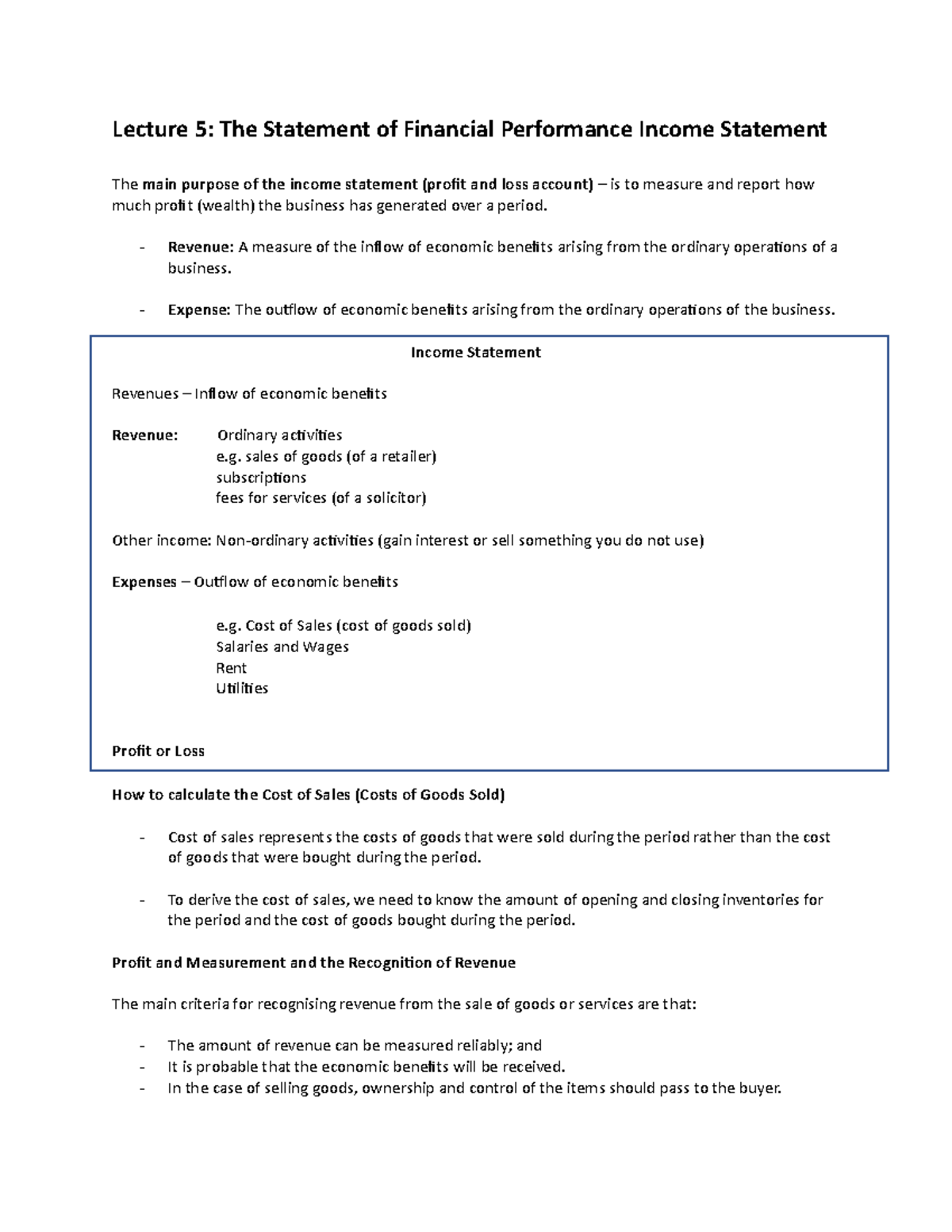 Lecture 5- The Statement of Financial Performance Income Statement ...