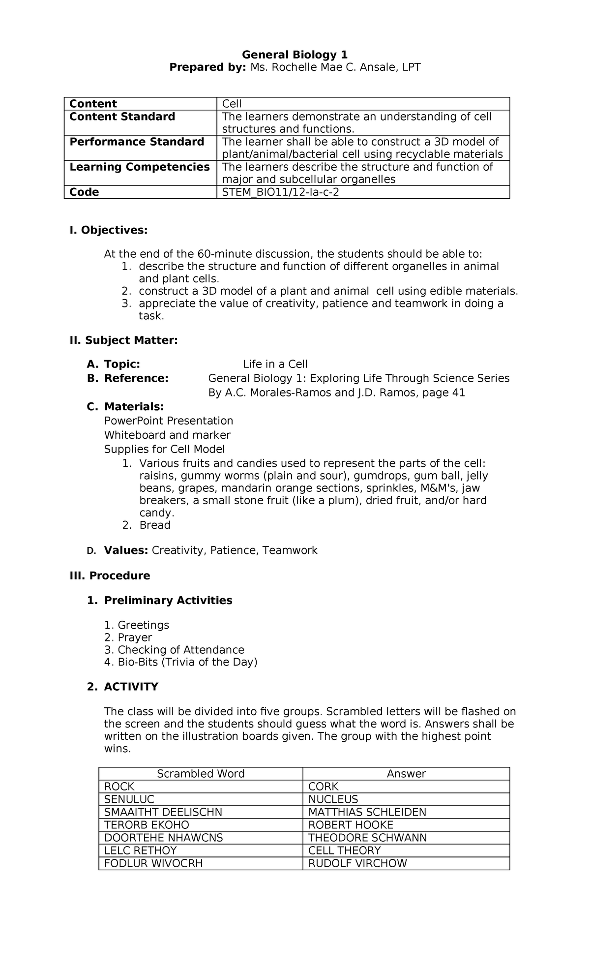 Learning Plan-Cell - Science - General Biology 1 Prepared by: Ms ...