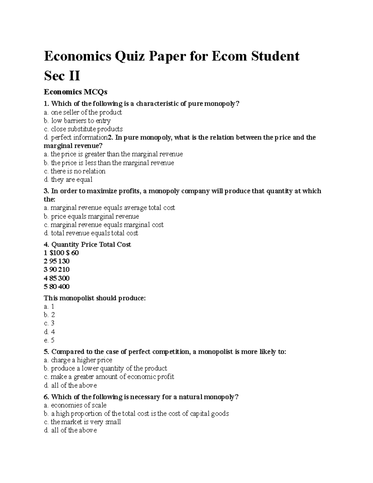 Economics Quiz Paper for Ecom Student Sec II - Economics Quiz Paper for ...