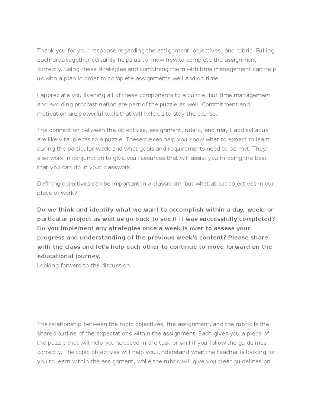 Like a Puzzle - Weeks Practice. - Thank you for your response regarding ...