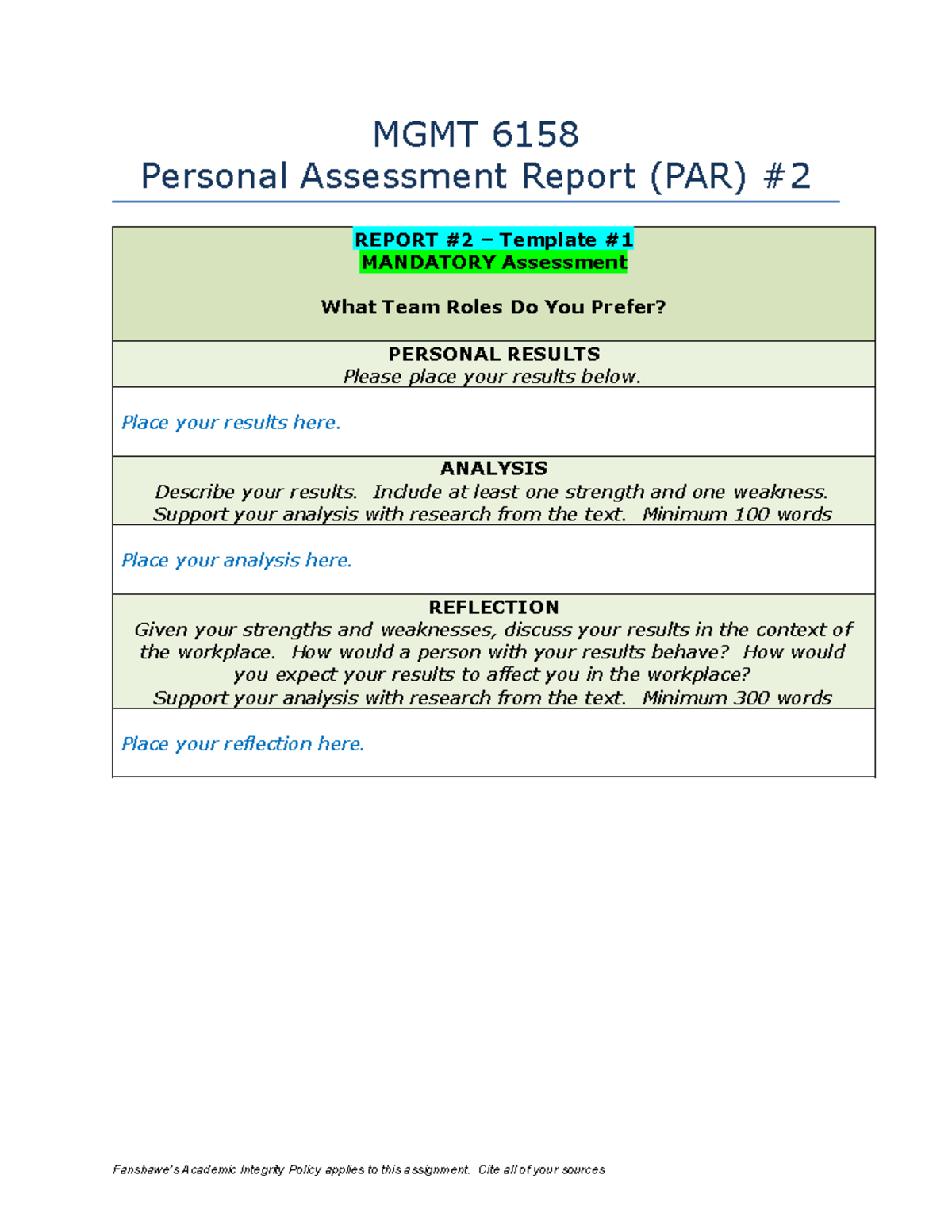 PAR #2 Templates - MGMT6158 - MGMT 6158 Personal Assessment Report (PAR ...
