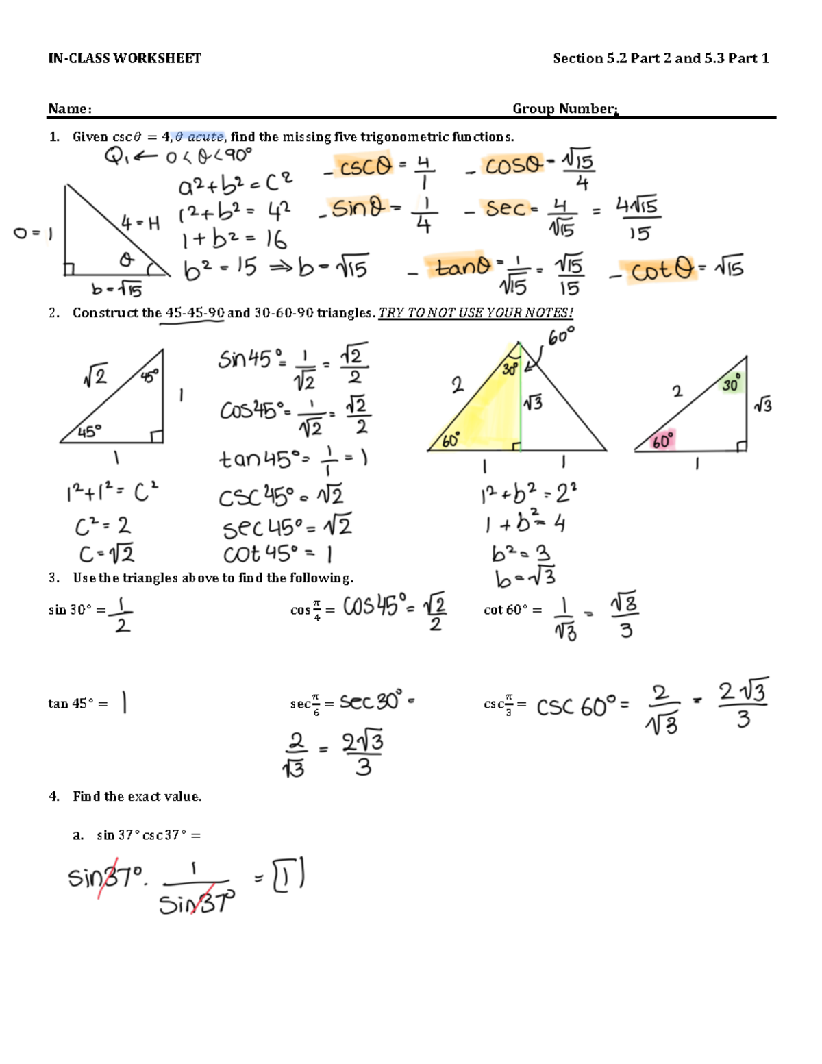 In-Class+5 - In class work - IN-CLASS WORKSHEET Section 5 Part 2 and 5 ...