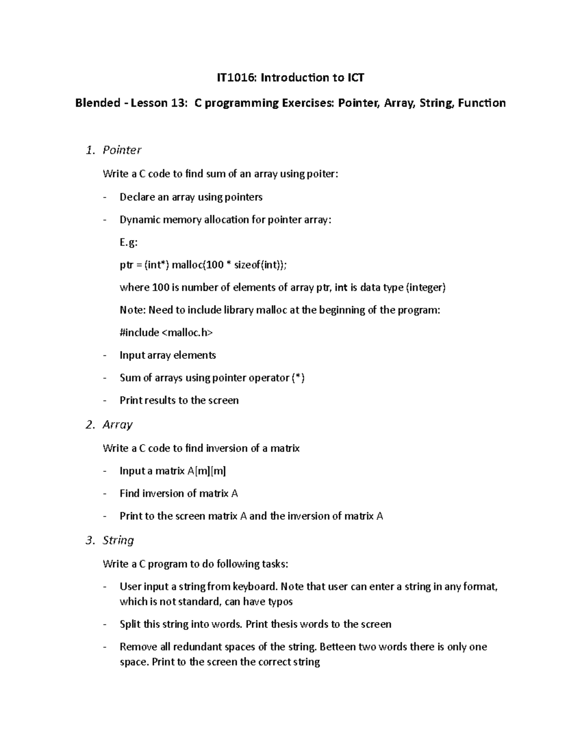 Blended Lesson 13 C Exercises Pointer Array String Function It1016 Introduction To Ict