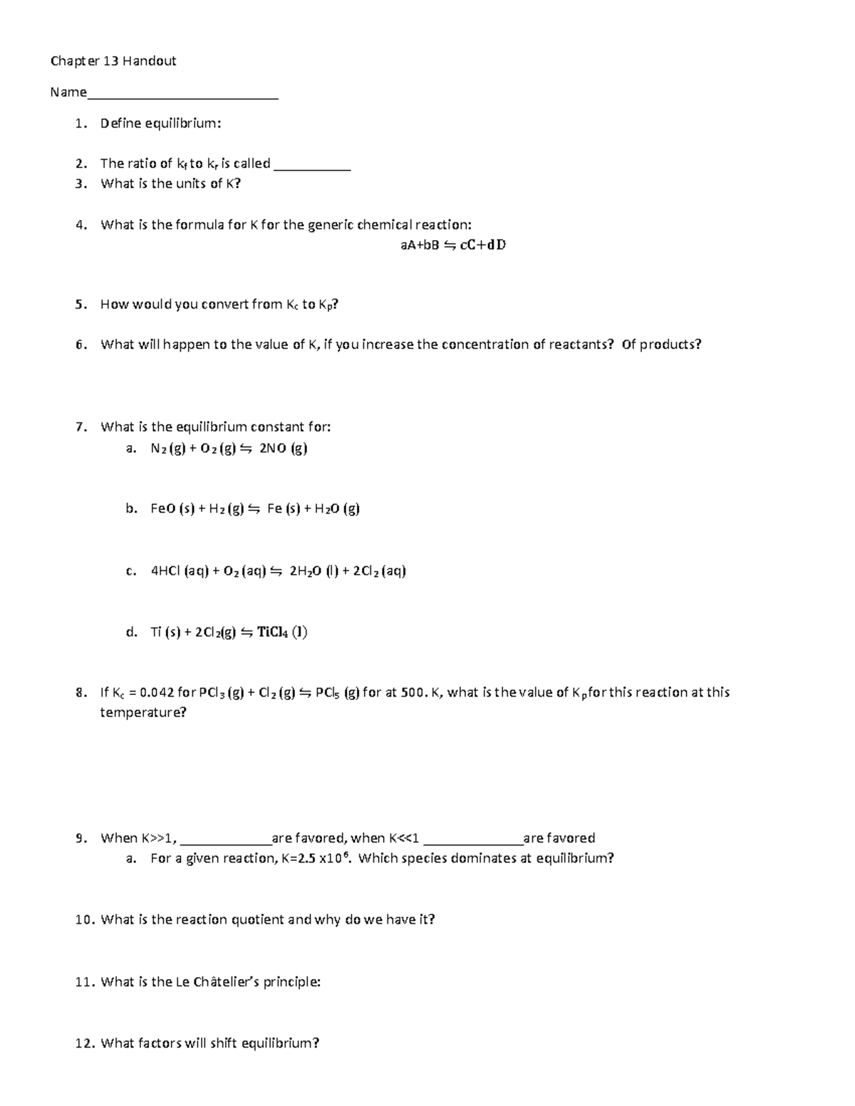 Chapter 13 Equilibrium Additional Practice - Chapter 13 Handout Name