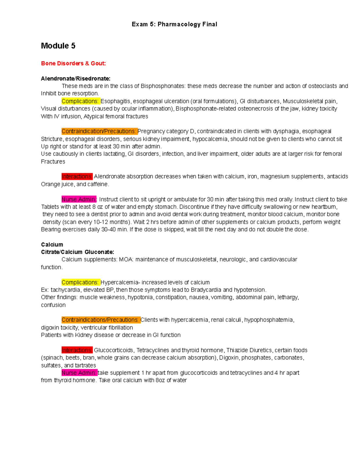 Pharm Final Review - n/a - Exam 5: Pharmacology Final Module 5 Bone ...