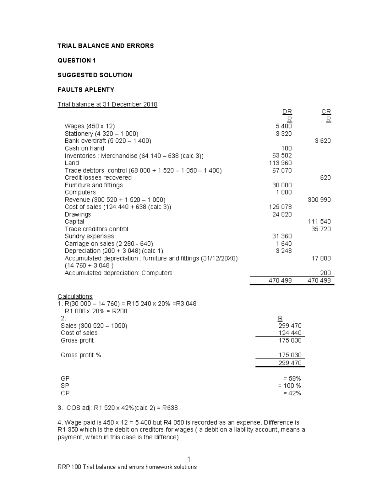 Trial balance and error homework solutions - 1 TRIAL BALANCE AND ERRORS ...