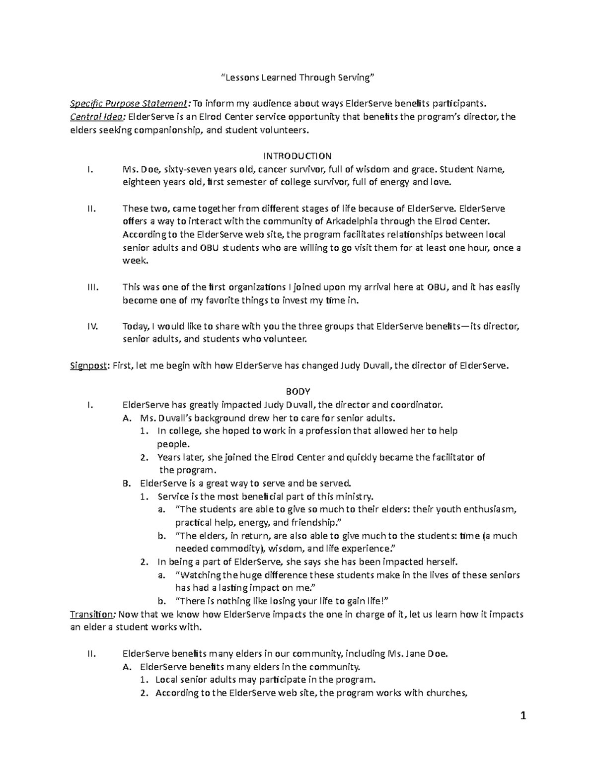 Example Preparation Outline - “Lessons Learned Through Serving ...