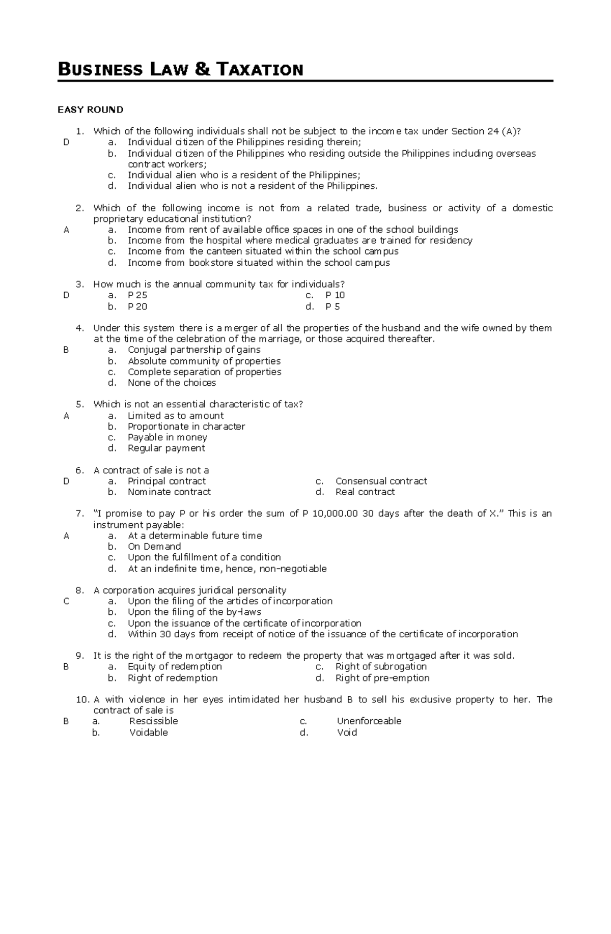 Business Law and Taxation Reviewer - BUSINESS LAW & TAXATION EASY ROUND ...