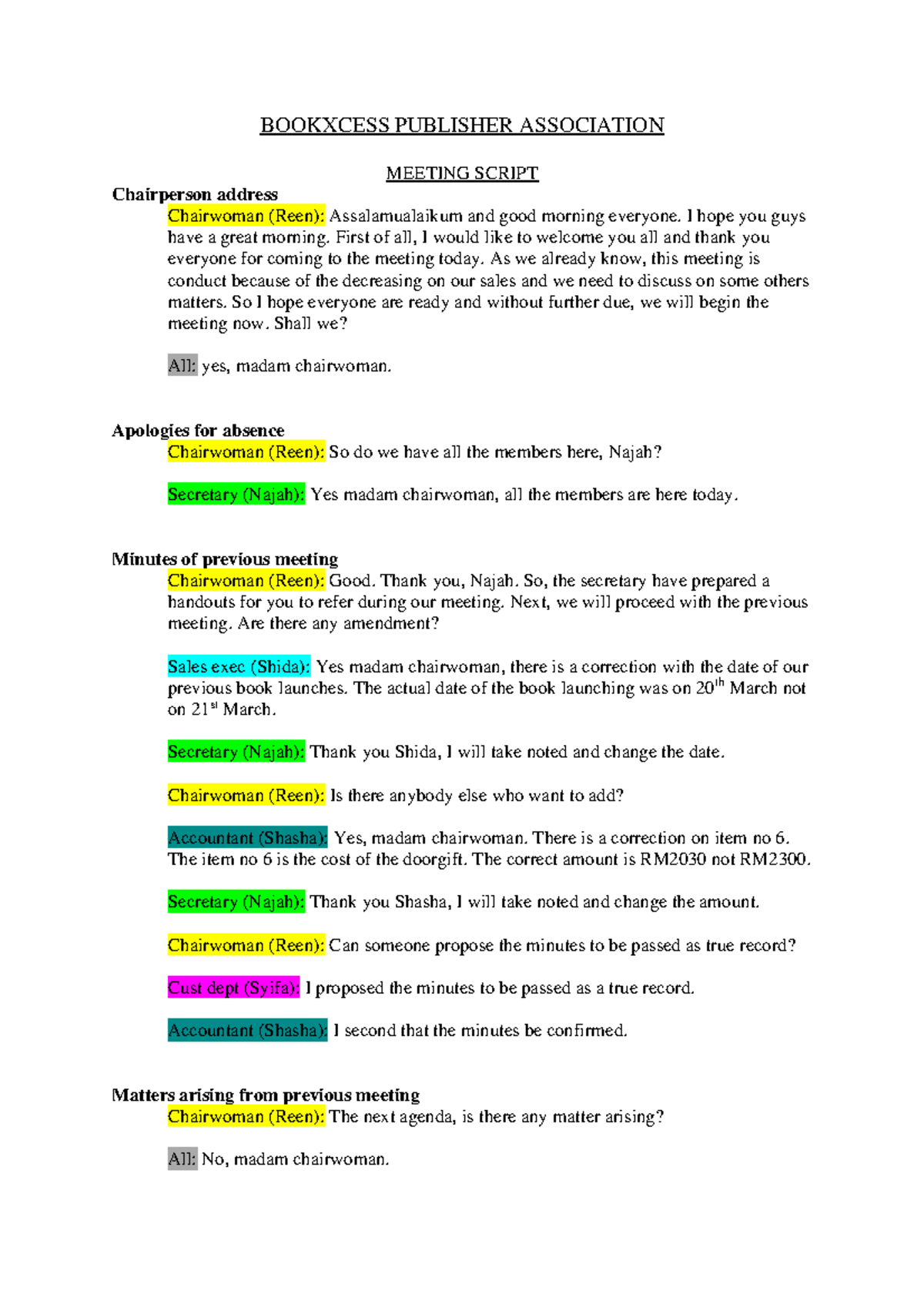 MGT269 Meeting Script - BOOKXCESS PUBLISHER ASSOCIATION MEETING SCRIPT ...