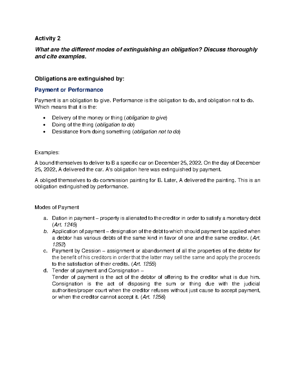 Business Law (Extinguishment of Obligation) - Activity 2 What are the ...