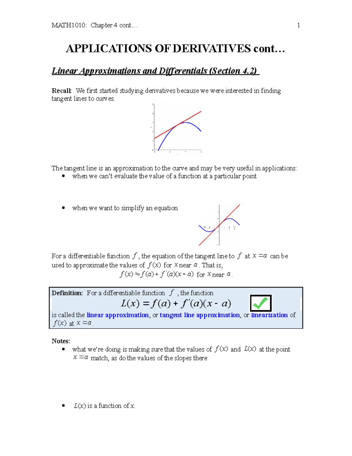 Mod6a linapproxmaxmin - APPLICATIONS OF DERIVATIVES cont... Linear Approximations and ...