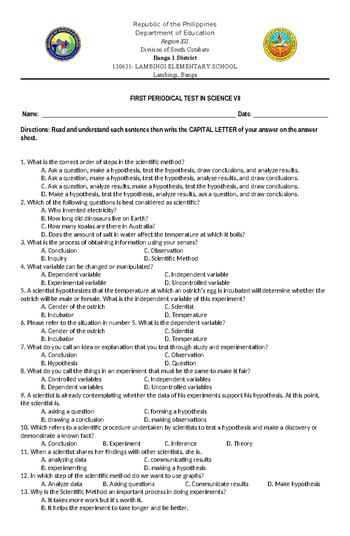 Science 7 TOS-EXAM - PRACTICE MATERIALS - Republic of the Philippines ...